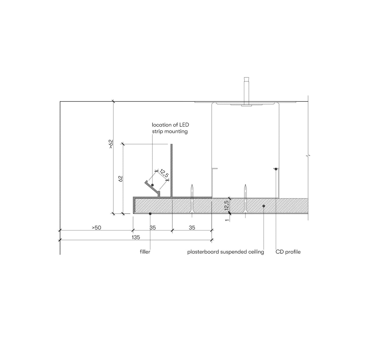 Aluminium ceiling shadow-gap profile. C-1 White colour. – ASP Profiles